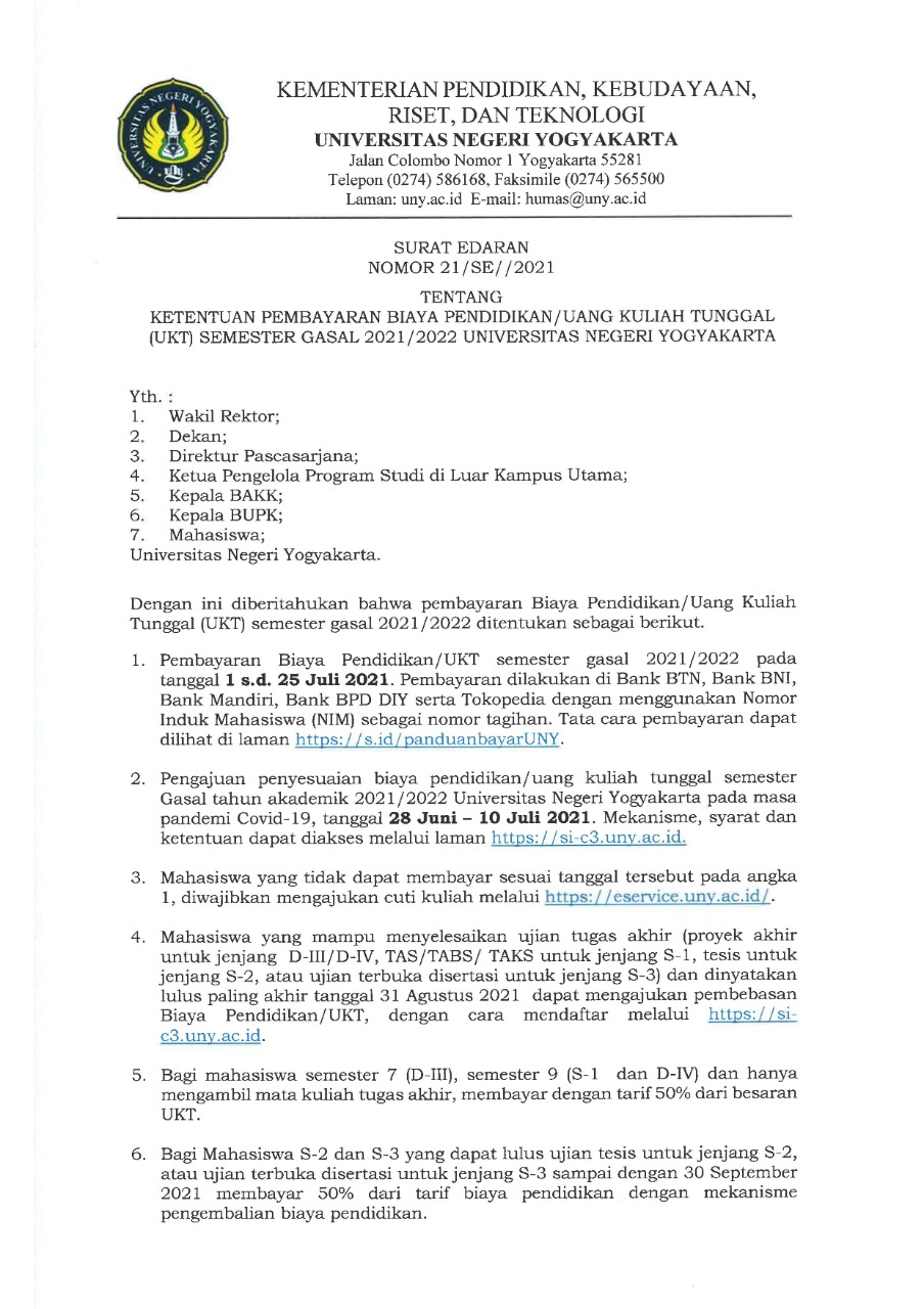 KETENTUAN PEMBAYARAN BIAYA PENDIDIKAN/UKT SEMESTER GASAL 2021/2022 | Universitas Negeri Yogyakarta